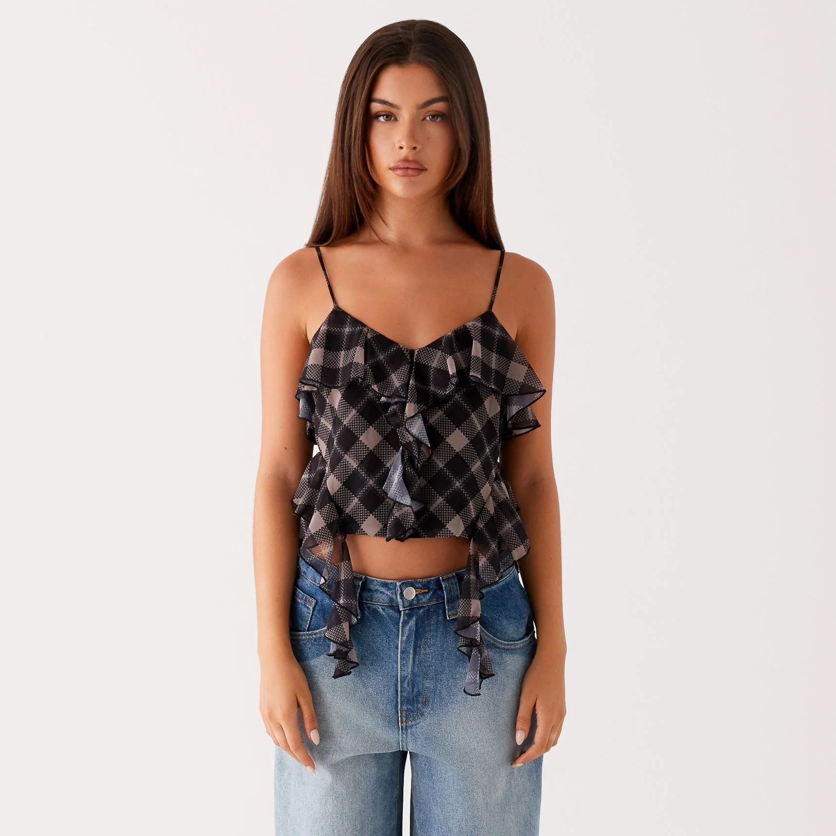 Designsoo Retro Plaid Low V-Neck Asymmetric Ribbon Sexy Crop Top - Y2K Millennium Style