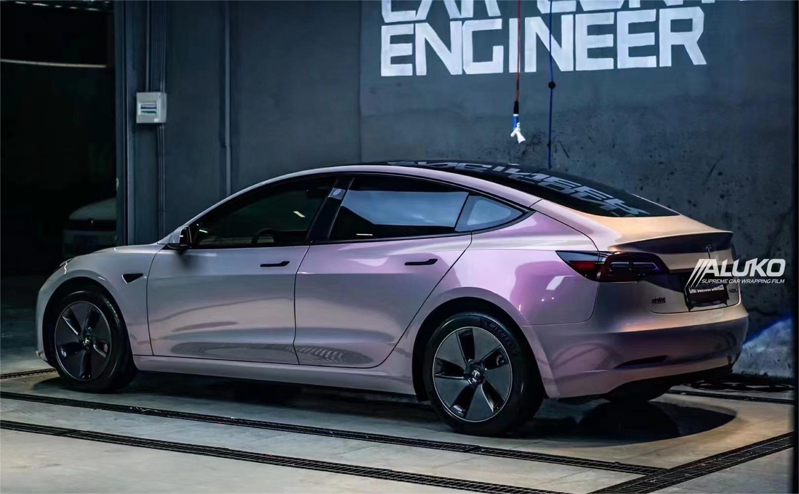 Tesla Model 3 Wrap- Glitter Metallic Star Ash Pink | Carwraponline.com