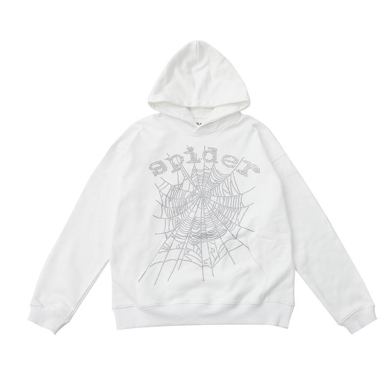 Top EM Sneakers Sp5der OG Rhinestone Logo Hoodie White - emsneakers.com