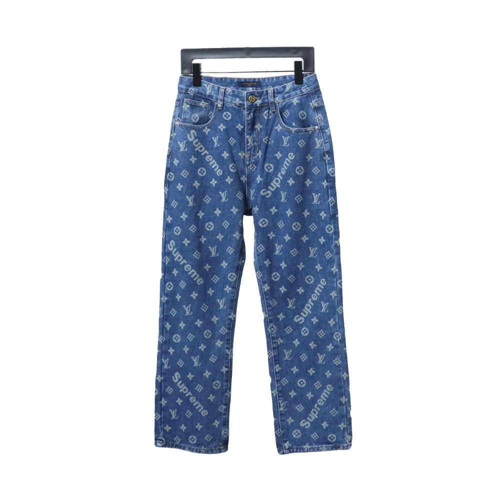 Fake Louis Vuitton x Supreme Monogram Print Denim Trousers Blue From ...