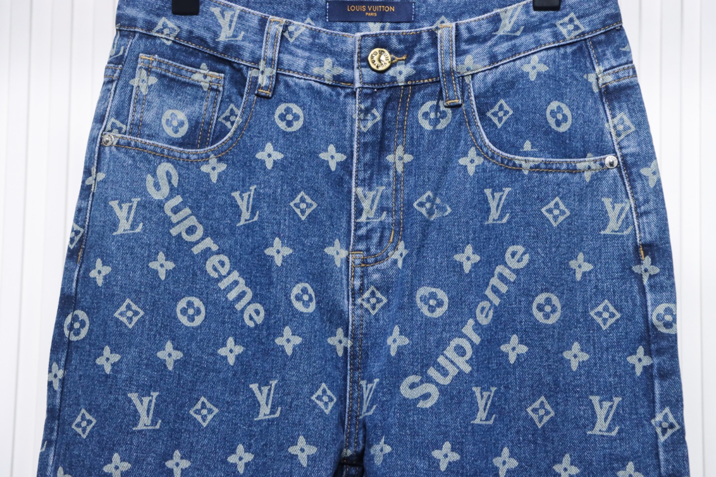 Louis Vuitton x Supreme Monogram Print Denim Trousers Blue From Obo Sneaker