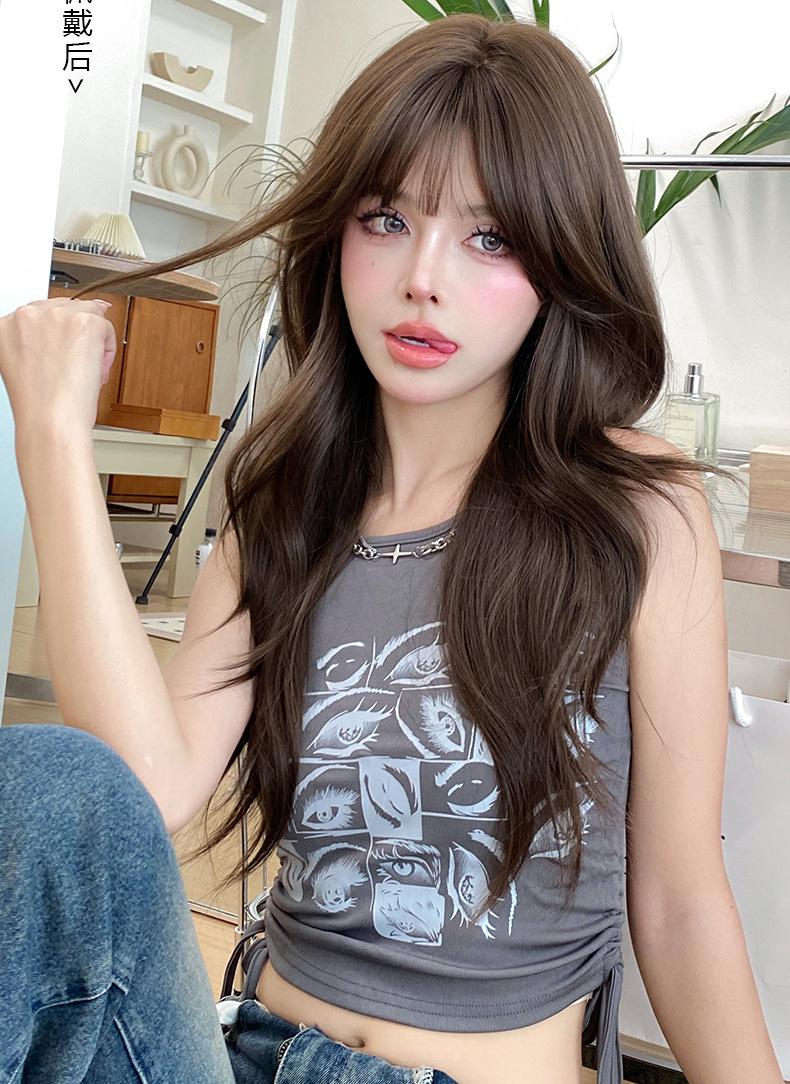 Morandi Brown Korean bangs with long curly hair,wig